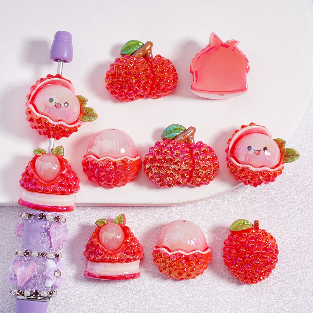 UV Coated Cute Vivid Red Lychee (Litchi Fruit) Design, Acrylic Beads R ...