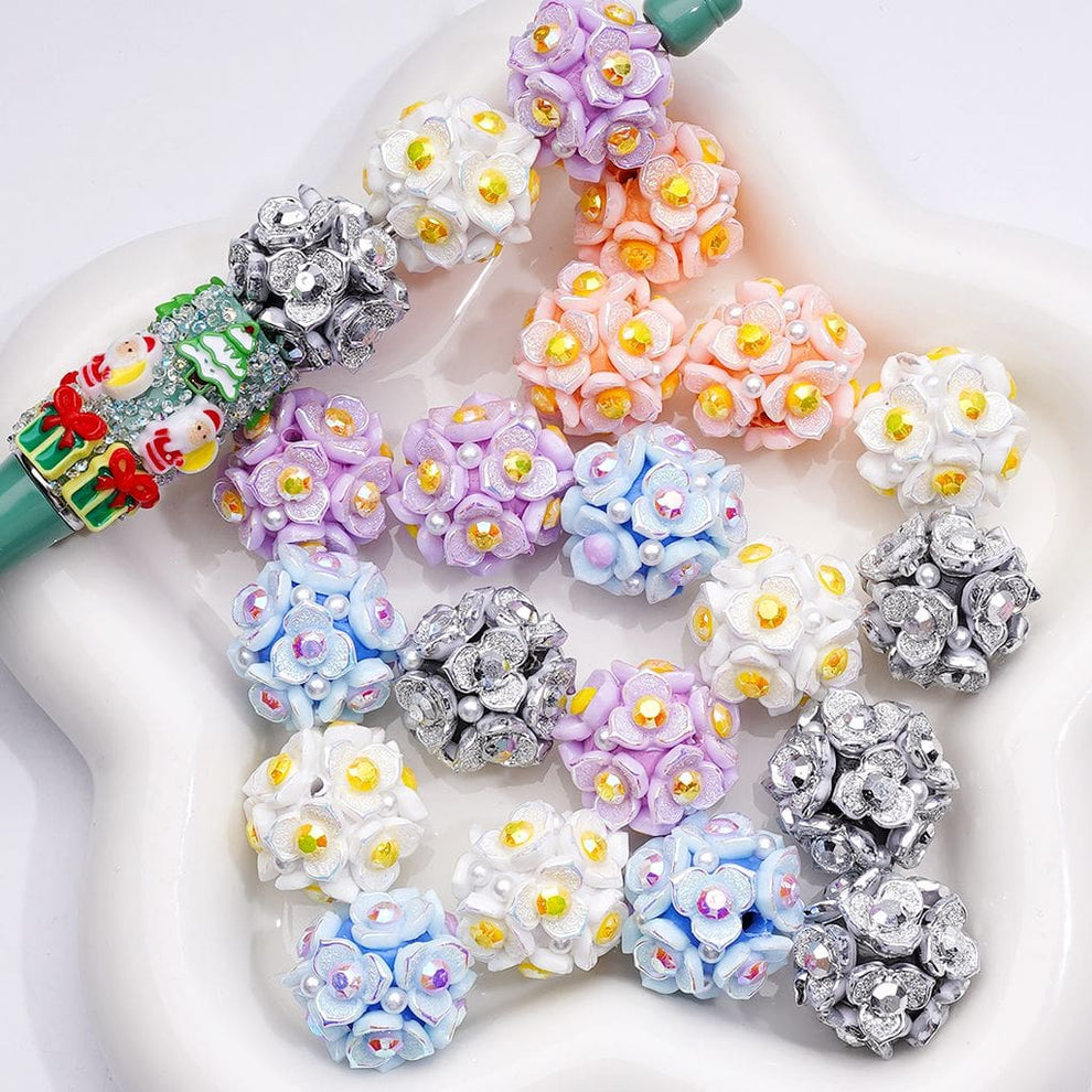 Shiny Clay Beads Three-Petal Flower with Colorful Stamen and White Pea ...